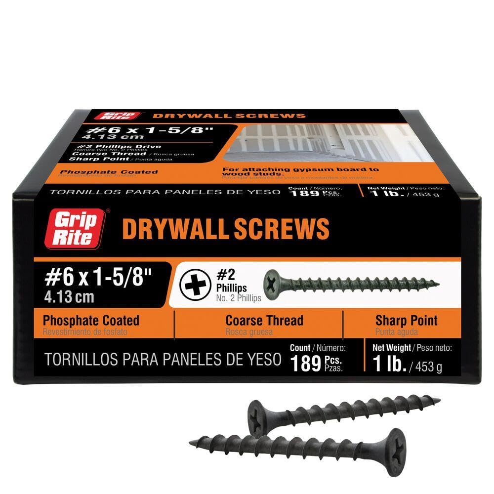 Grip Rite 158CDWS1 1-5/8-Inch 6 Coarse Thread Drywall Screw with Bugle Head, 1 Pound, Black, 200 Count