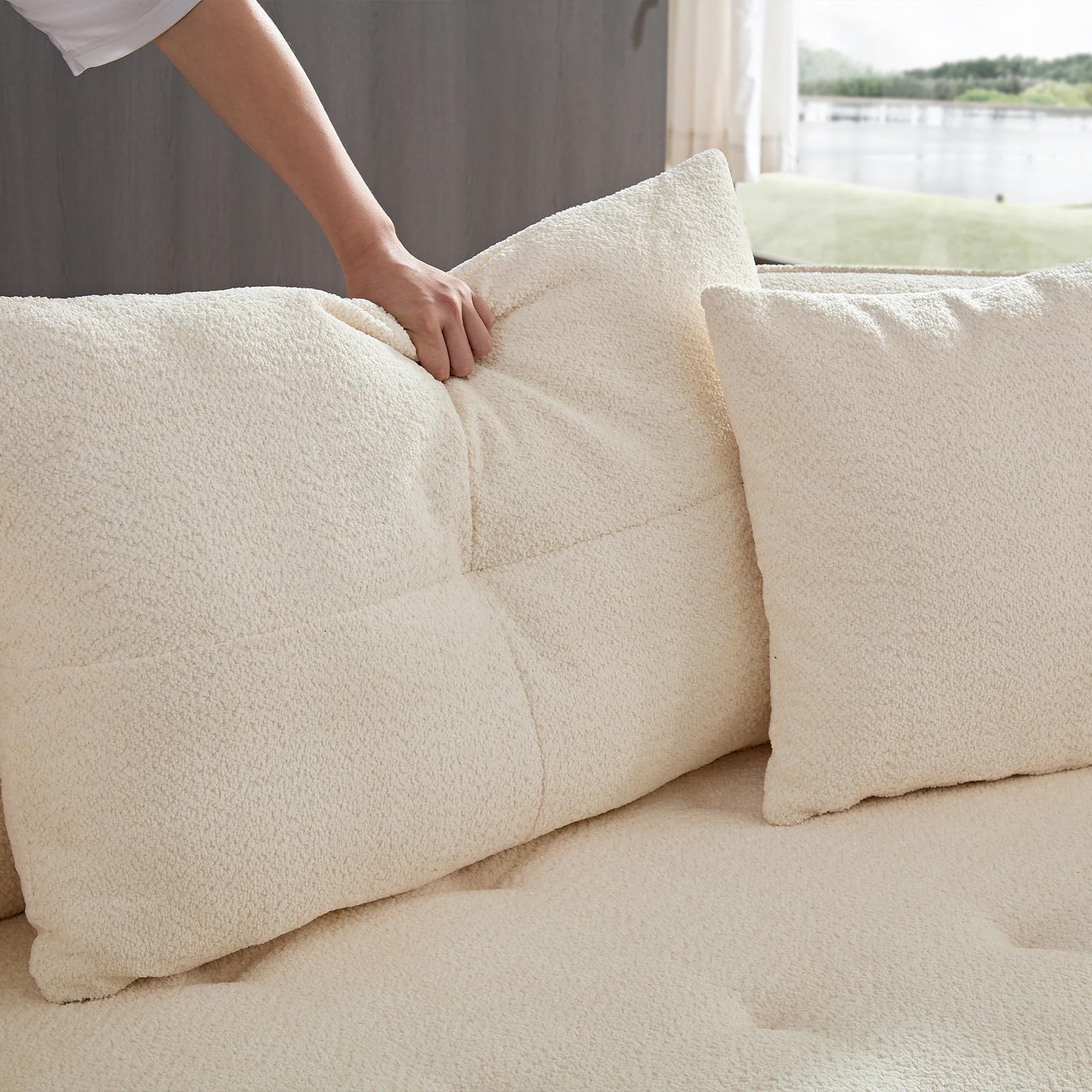 M MEETAKING 109'' Modern Curved Sofa Couch,Upholstery Boucle Sofa Couch with Pillows, Sectional Sofa Couch for Living Room, Bedroom, Dining Room, Den, Office, Guestroom (White)