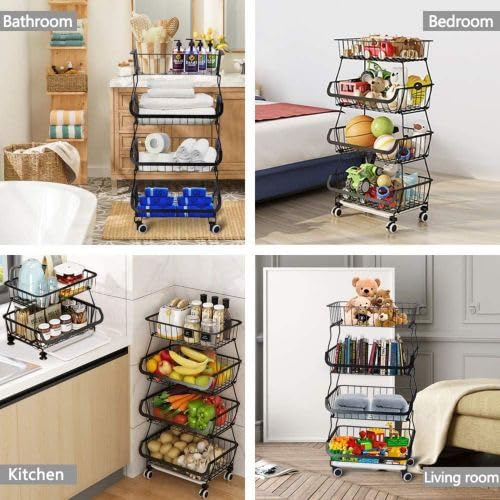 Fruit Vegetable Storage Basket for Kitchen - 4 Tier Stackable Metal Wire Baskets Cart with Rolling Wheels Utility Fruits Rack Produce Snack Organizer Bins