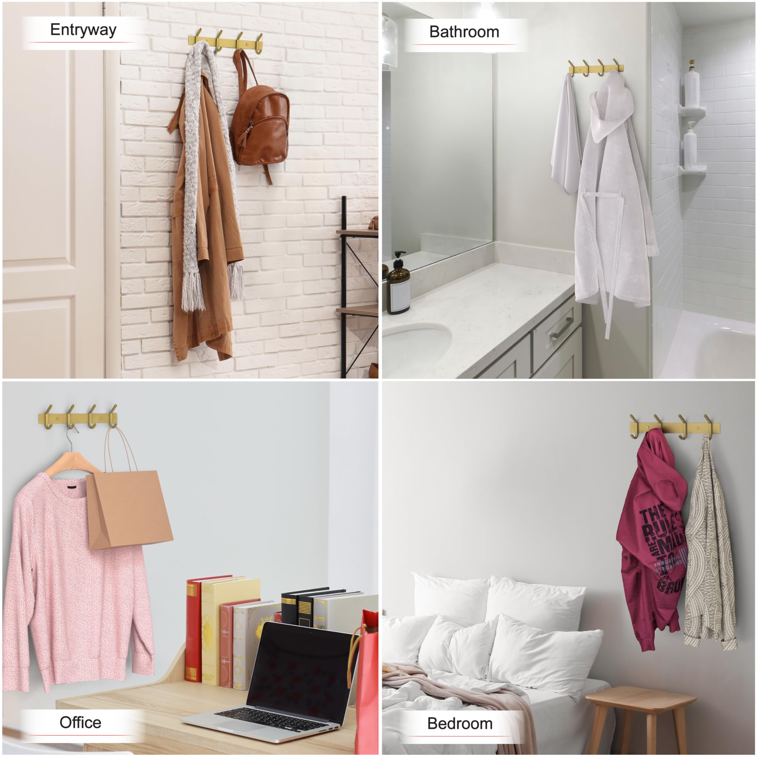SAYONEYES Brushed Gold Coat Rack Wall Mount with 4 Double Hooks for Hanging – 12 Inch Heavy Duty SUS304 Stainless Steel Rustic Coat Hooks – Hat, Clothes, Purse, Towel Wall Hooks – 1 Pack