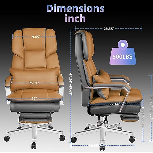 SeekFancy Reclining Office Chair with Footrest O203, Big and Tall Office Chair 500lbs Wide Seat with 170° Backrest, High Back Large Executive Office Chair Lumbar Support,Brown Leather Managerial Chair