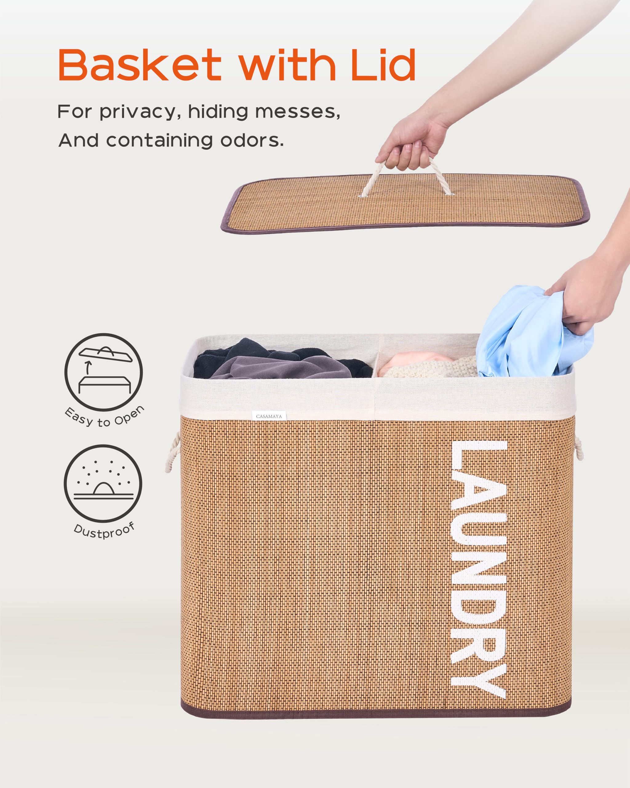 CASAMAYA Laundry Basket, 33.6 Gal (127L) Bamboo Laundry Hamper with 2 Section, Hamper with lid, Foldable, Removable and Machine Washable Liner, for Laundry Room, Bedroom, Natural LHB127Y01