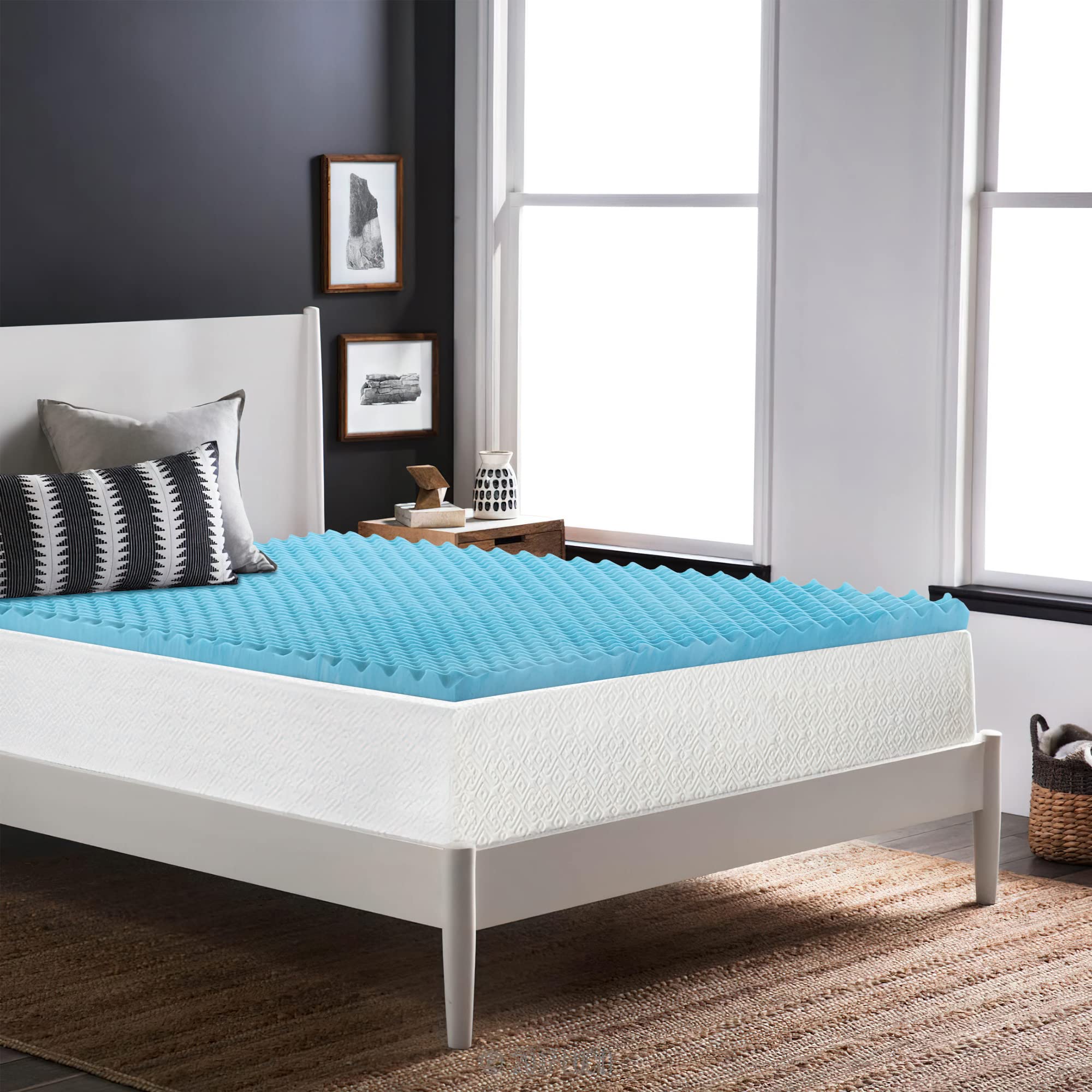 Greaton, 1-Inch Premium Convoluted Gel Memory Foam Toppers for Enhanced Comfort and Support, Full, Blue