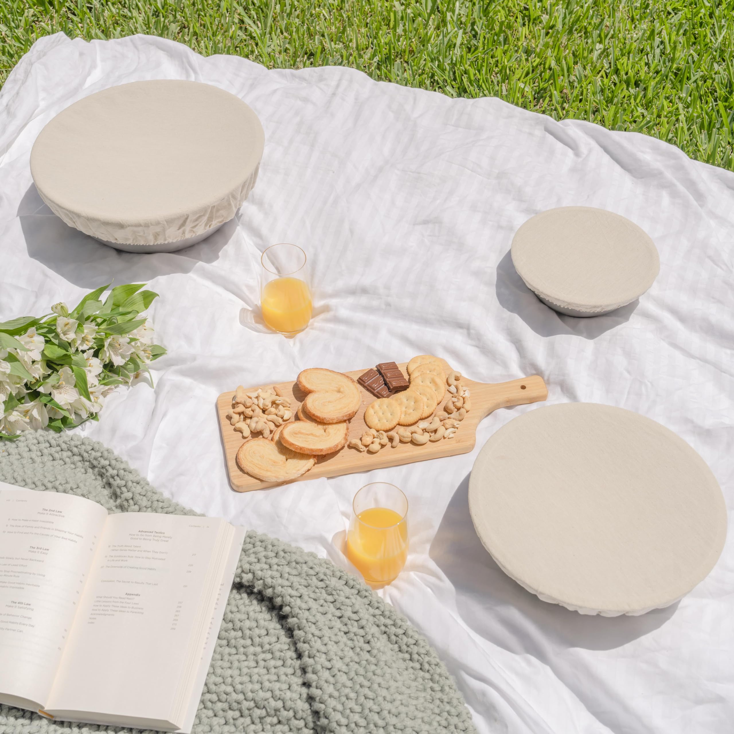 Reusable Fabric Bowl Covers for Bread Proofing - 4 Pieces, Washable and All-Natural 100% Cotton Cloth Bowl Covers for Bread Rising - Elastic Closure Fits Multiple Bowl Sizes (Off-White)