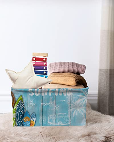 Storage Basket Summer Surfing Storage Bins Decorative Surfboard Tropical Palm Leaf Wood Grain Foldable Baskets for Toys Decorative Baskets for Closet Nursery