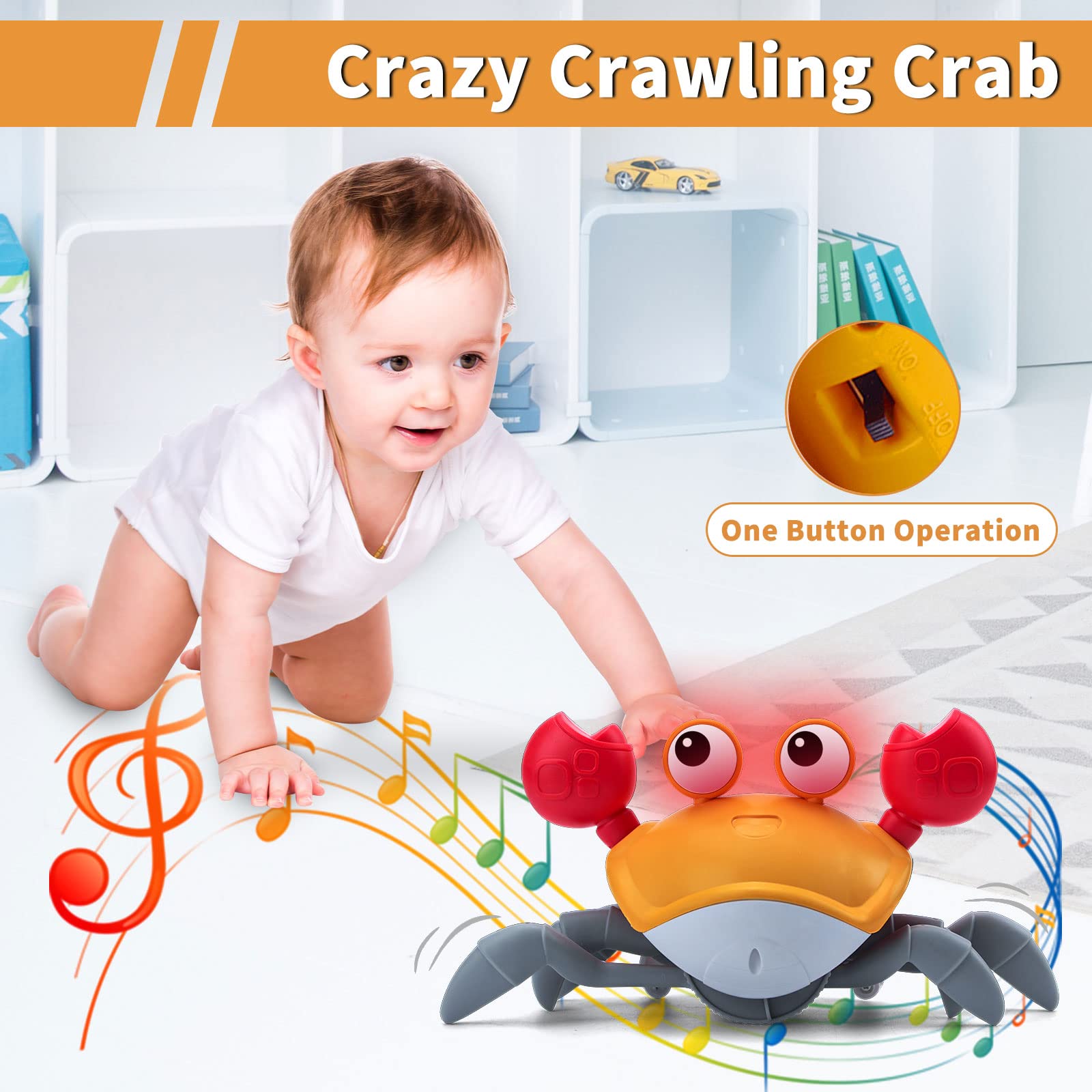 Growinlove Baby Crawling Crab Musical Toy, Toddler Electronic Light Up Crawling Toy with Automatically Avoid Obstacle, Walking Crab Toy for Toddler Babies Boys Girls