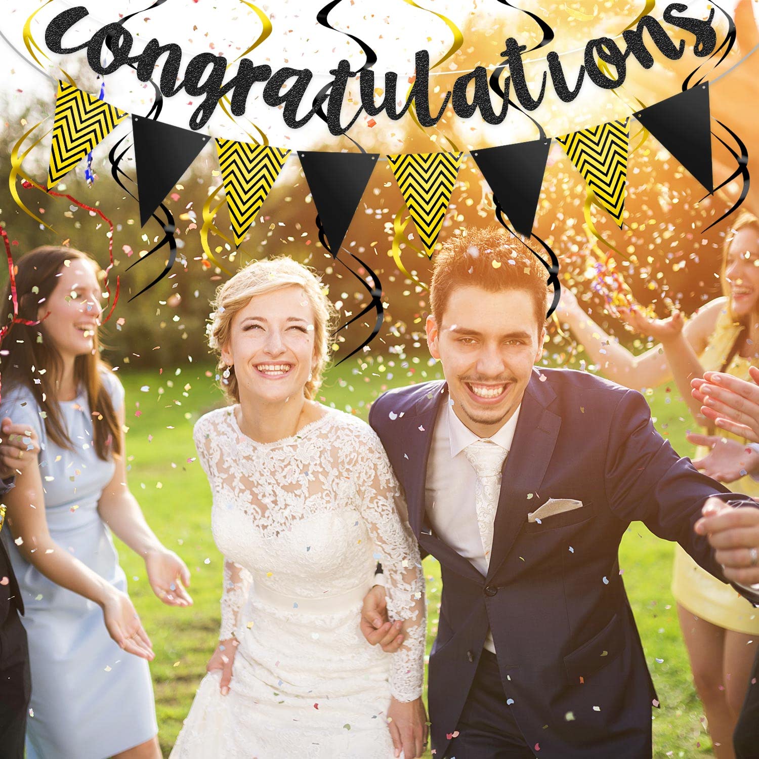 Glitter Congratulations Banner Triangle Flag Banner with 12 Pieces Hanging Swirls for Wedding Retirement Graduation Anniversary Party Decorations (Black, Gold)