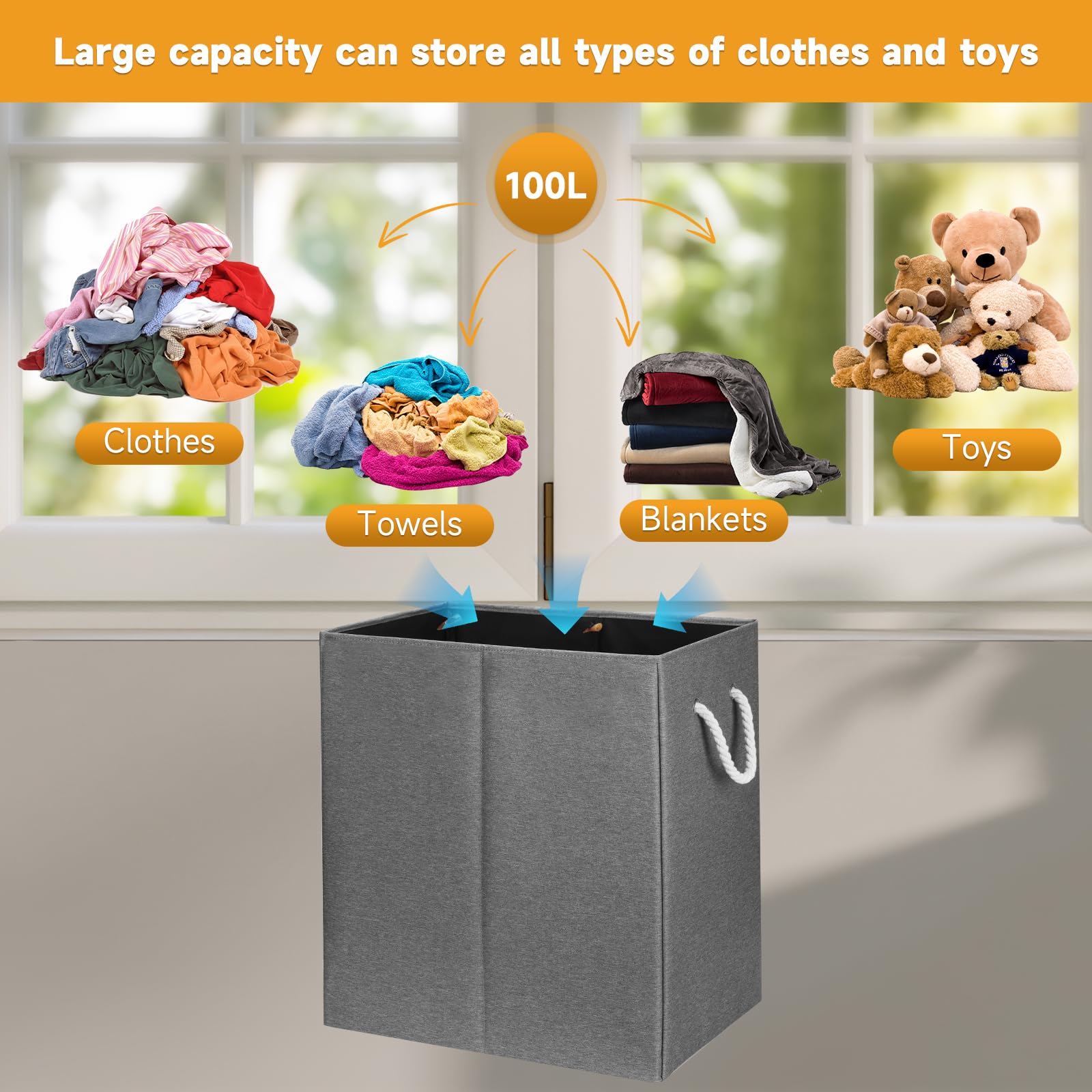 Limoomil 100L Laundry Hamper with Lid and Handle, Collapsible Laundry Basket Organizer with Removable Inner Bag for Clothes Toys Towels (grey)
