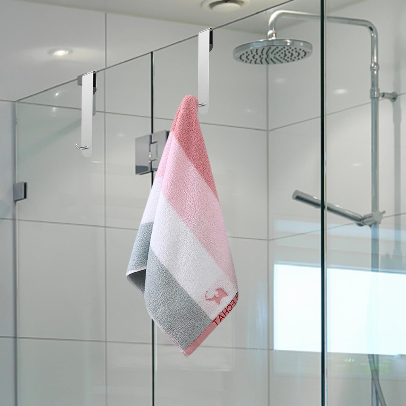 FYY Shower Door Hooks - 2 Pack 7" Over Door Towel Hooks for Bathroom Frameless Glass Shower Door, Heavy Duty Non-Slip Stainless Steel Hooks Rack for Robe Towel Sliver