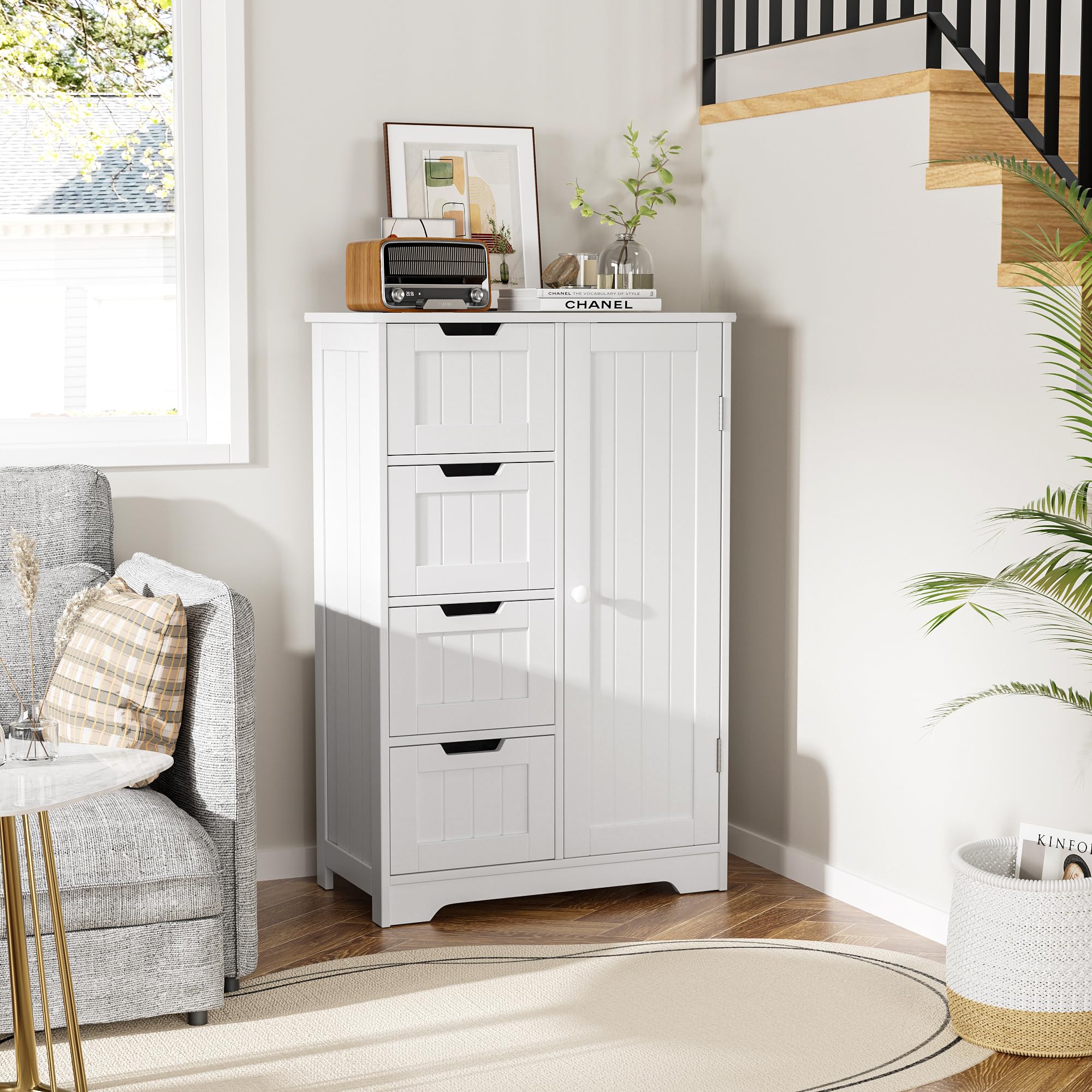 BOTLOG Bathroom Storage Cabinet, Small Kitchen Pantry Storage Cabinet with Drawers, Pantry Cabinet Storage Cupboard with Adjustable Shelf for Bathroom, Living Room, Dining Room, White
