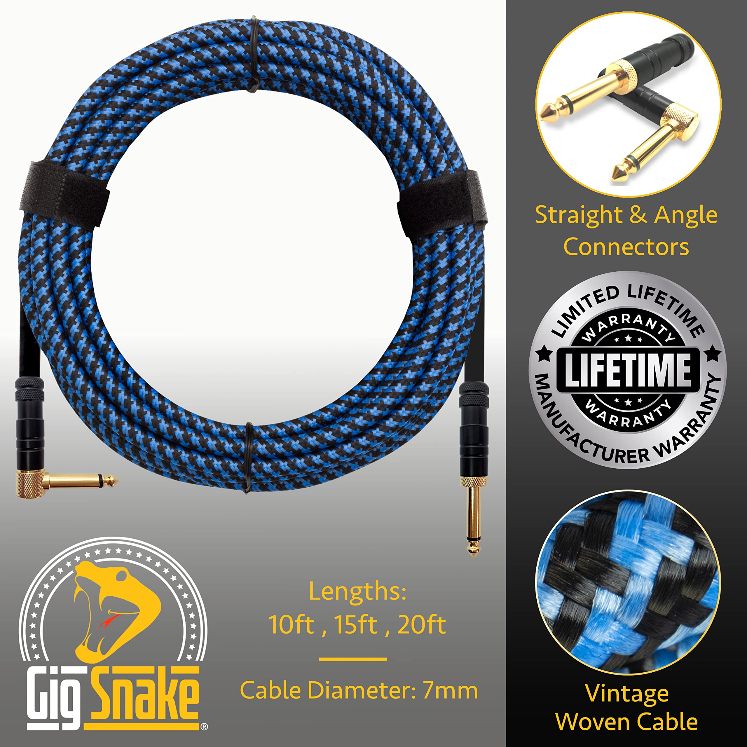 Guitar Cable 10 ft - 1/4 Inch Right Angle Yellow Instrument Cable - Professional Quality Electric Guitar Cord and Amp Cable - Low Noise Bass and Guitar Lead - Reliable Cords for a Clean Clear Tone