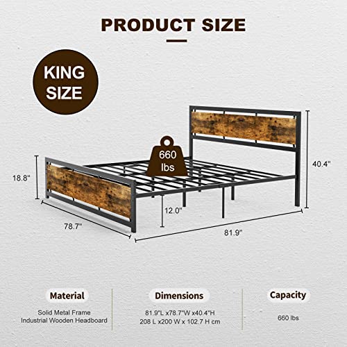 IKIFLY Industrial Metal King Size Bed Frame/Farmhouse Metal Platform Bed with Wooden Headboard Footboard/Heavy Duty Steel Slats Support/No Box Spring Need, Easy Assembly(King, Rustic Brown)