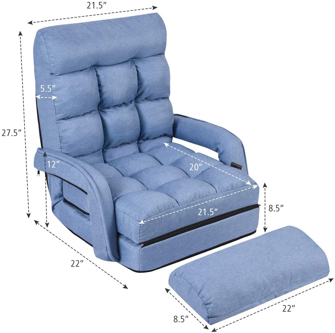 LUARANE Adjustable Massage Floor Sofa Chair, Foldable Lazy Sofa with 5-Position Adjustable Backrest Lumbar Pillow Armrests, Indoor Lounger Bed for Bedroom Living Room (Blue)
