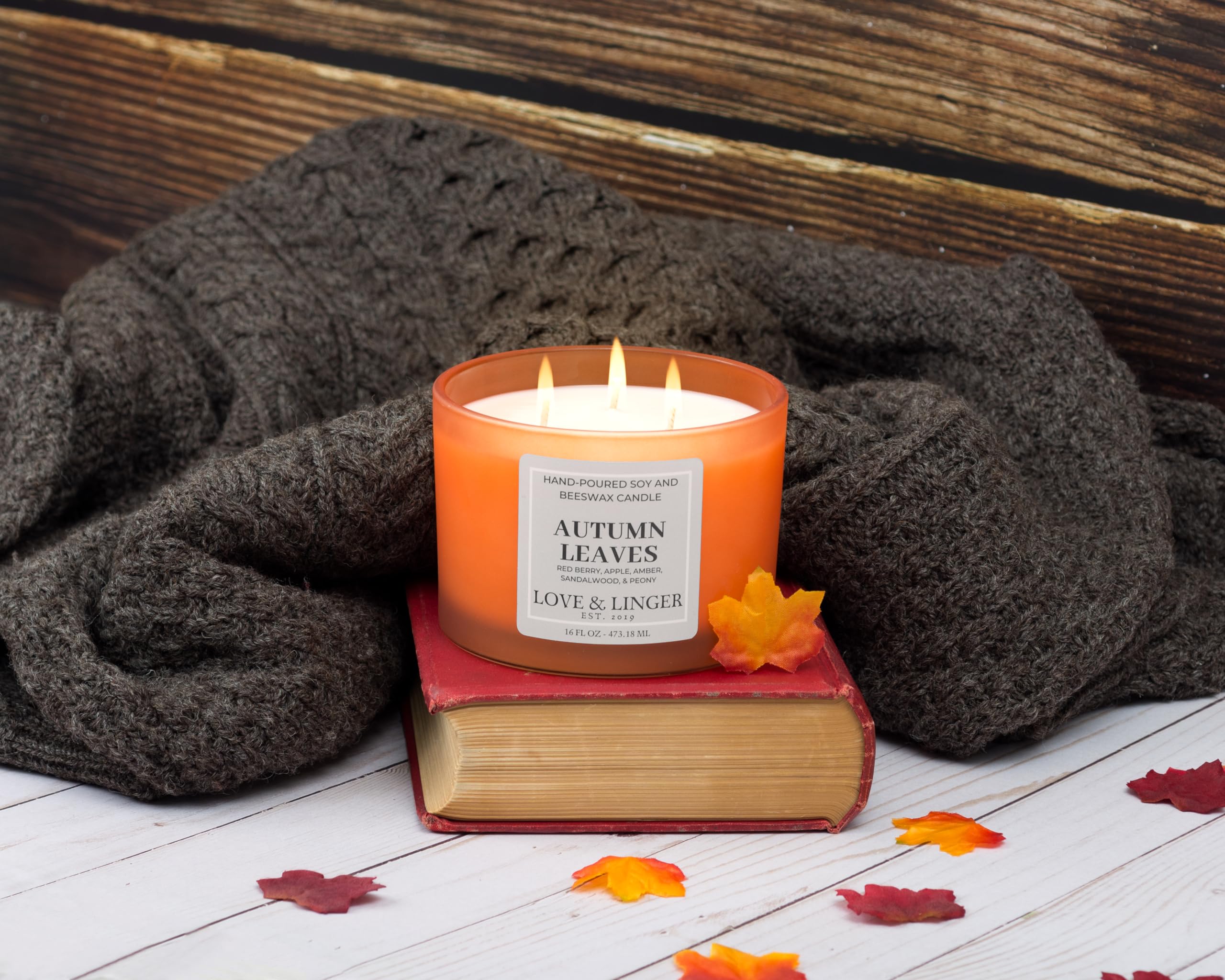 Autumn Leaves Candle | Fall Candles | Luxury Soy & Beeswax Candles for Home | 16 oz. Large Jar 3 Wick Candle | Thanksgiving Candle | Fall Scented Candle | Autumn Candles