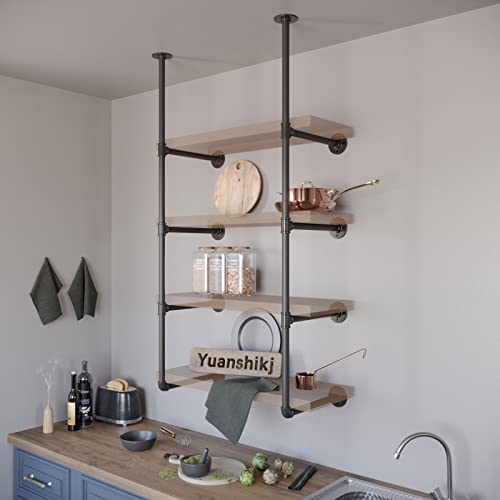 Yuanshikj 2Pc (56" tall 12"deep 3/4") Industrial Wall Mount iron Pipe Shelf Shelves Shelving Bracket Vintage Retro Black Open Bookshelf Bookcase DIY Storage office Kitchen (2 Pcs 4Tier Hardware only )