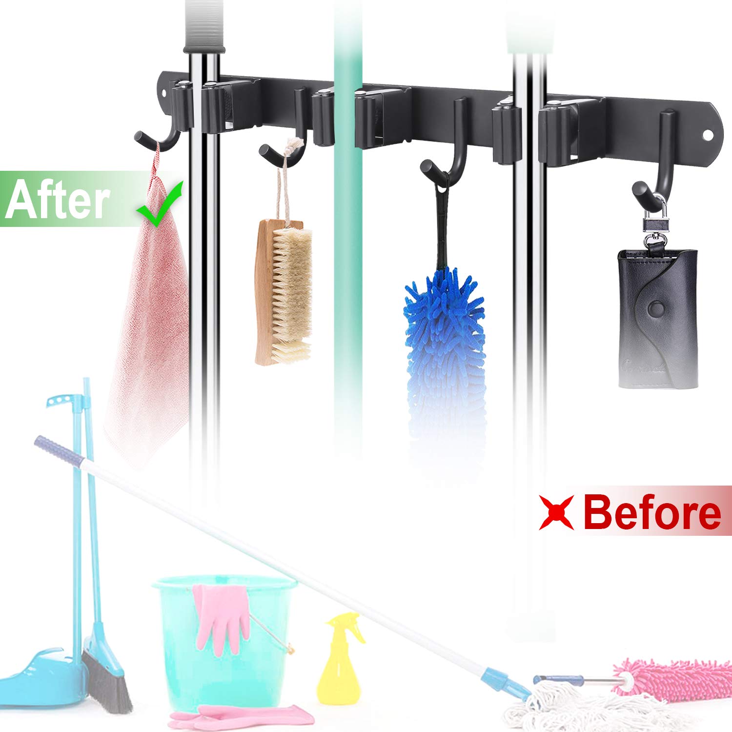 HYRIXDIRECT Broom Holder Wall Mount Broom Organizer Mop Holder Hanger Garden Tool Organizers Storage Rack Garage Laundry Room Organizations and Storage with Hooks Heavy Duty