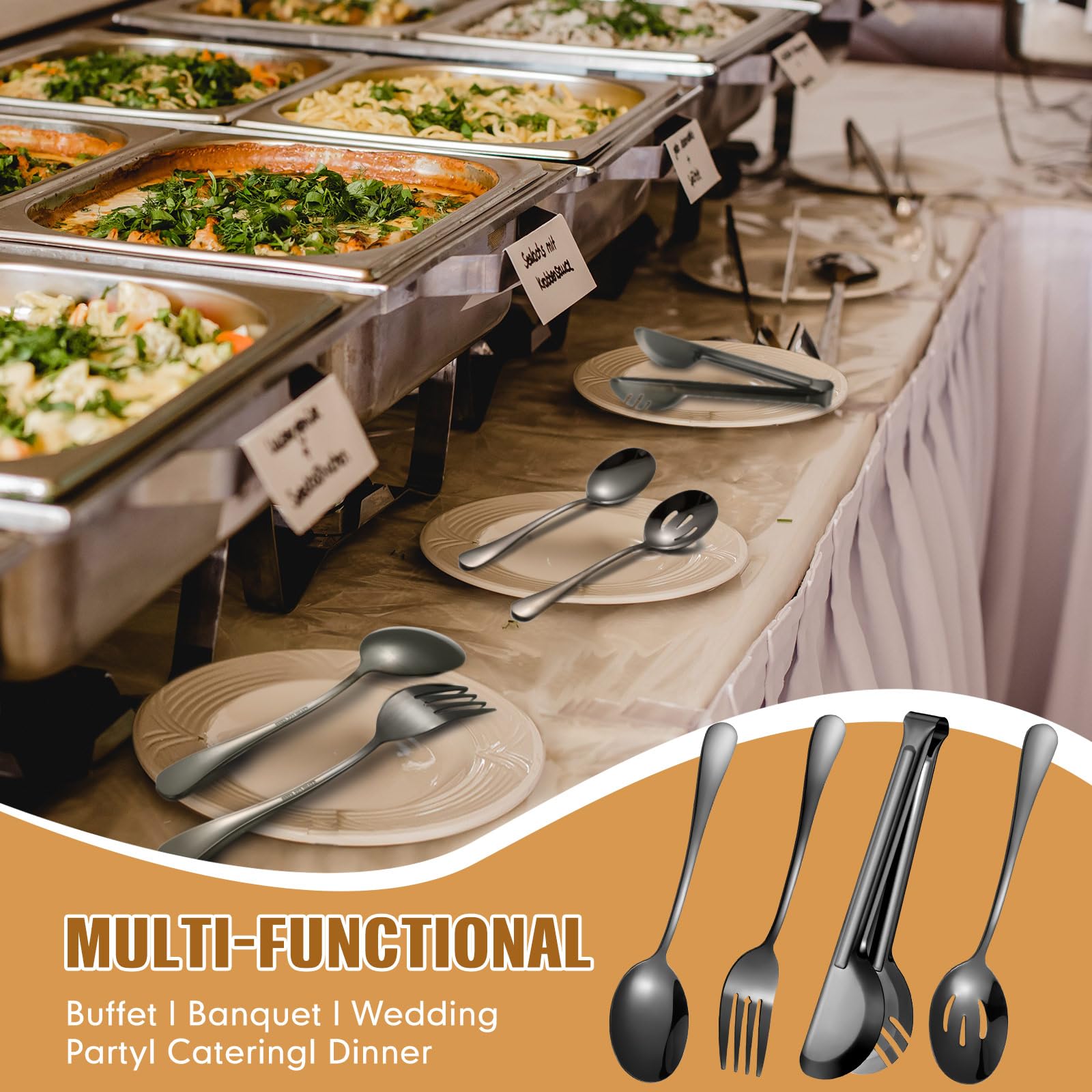 Patelai 15 Pieces Christmas Stainless Steel Serving Utensils Set 8.7" Large Serving Spoons Slotted Spoon 9.45" Tong 9" Serving Forks Flatware Kitchen Catering Banquet Wedding Party (Black)