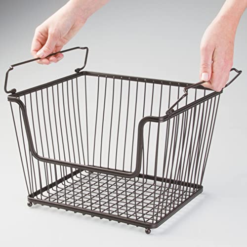 mDesign Stackable Metal Basket for Kitchen Storage - Large Wire Farmhouse Bin Basket w/Handles for Pantry - Stacking Wire Basket Organizer for Food, Drinks - Hyde Collection, 3 Pack, Bronze