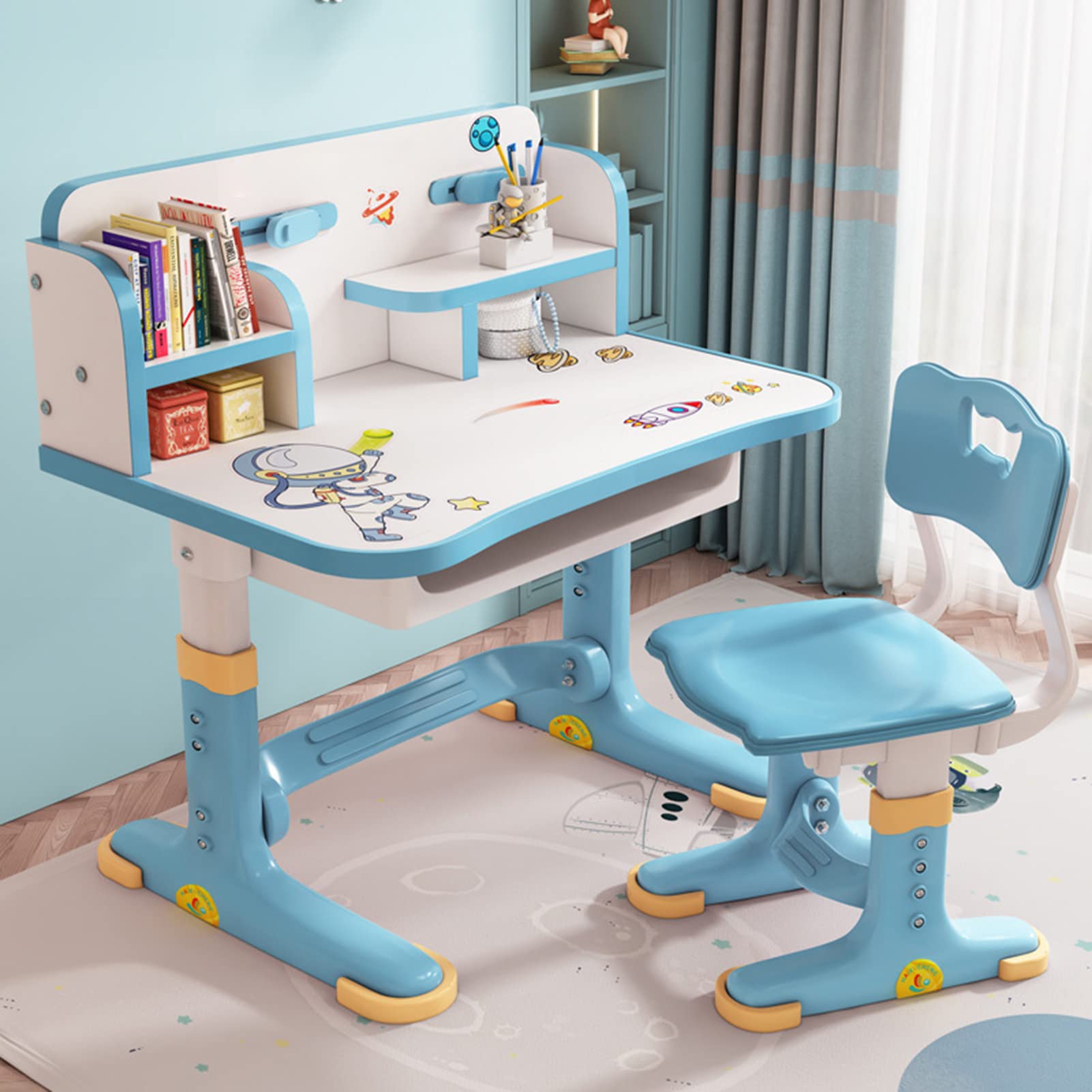 YOZUMD Kids Desk and Chair Set,Height Adjustable Children Study Desk Chair Set,School Student Writing Desk Table with Drawer Bookstand,Ergonomic Student Learning Table Desk Chair for Girl Boy (Blue)