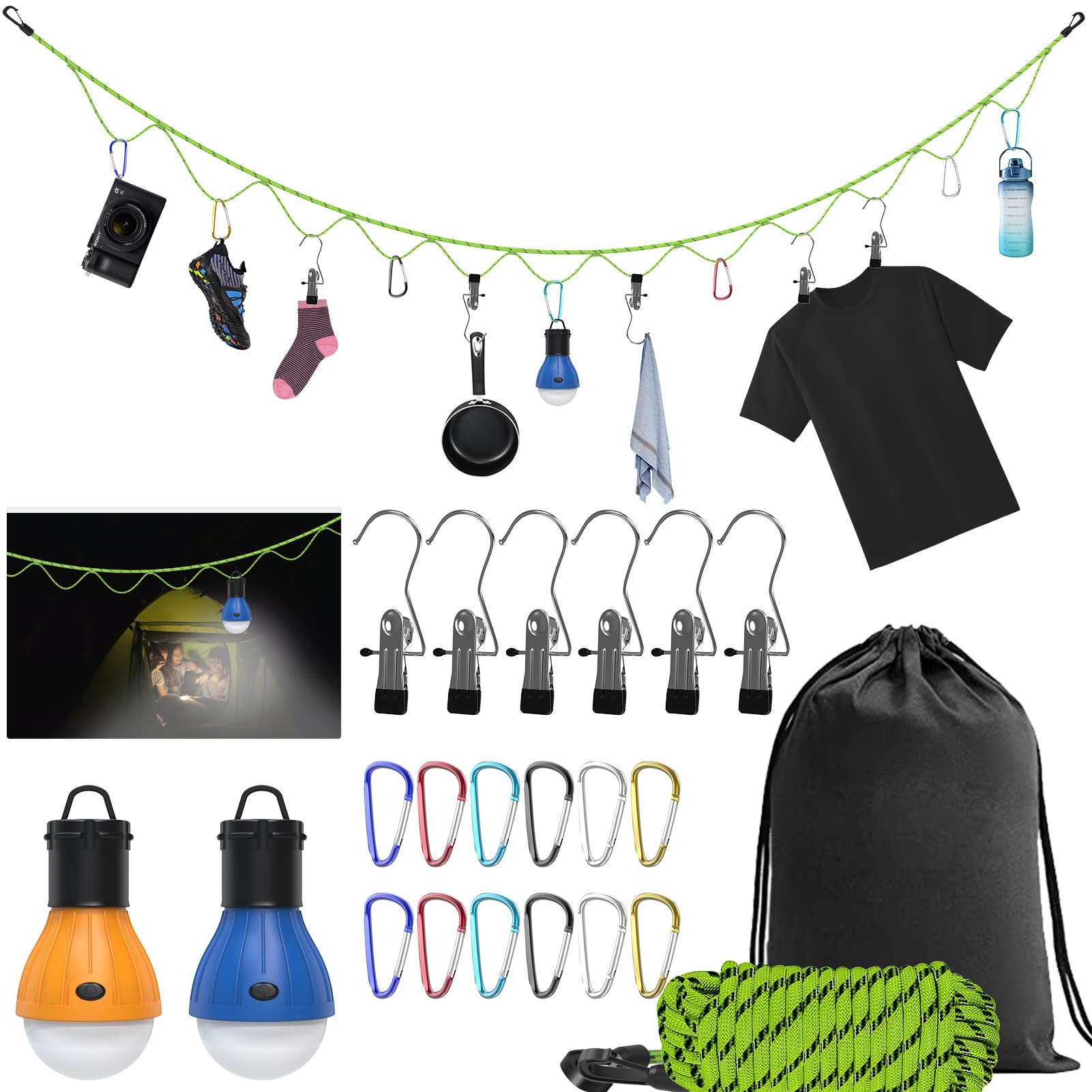 Areson Camping Accessories Campsite Storage Strap with 2 LED Camping Lights, 16ft Adjustable Tent Camping Lanyard Rope Clothesline for Hanging Camping Gear and Equipment, Tent Accessories (Green)