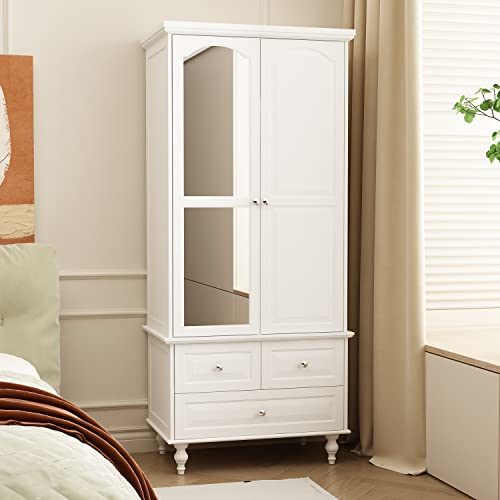 Homsee Wardrobe Armoire Wooden Closet with Mirror, 2 Doors, 3 Drawers, 4-Tier Storage Cubes and Hanging Rod for Bedroom, White (31.5āL x 19.7āW x 70.9āH)