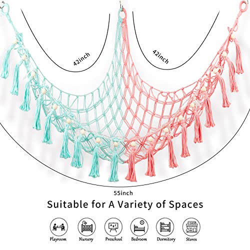 Stuffed Animal Net or Hammock with LED Light, Hanging Corner Storage Net for Wall, Toy Net Hammock Stuffed Animals Holder with Woven Tassels for Nursery Play Room Kids Bedroom Decor