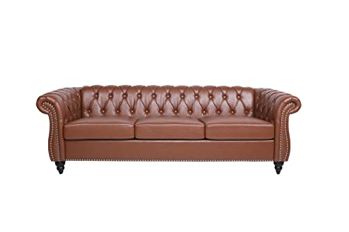 HomSof 84" Rolled Arm Chesterfield 3 Seater Sofa Mid Century Modern Couch for Small Spaces, Brown PU Leather