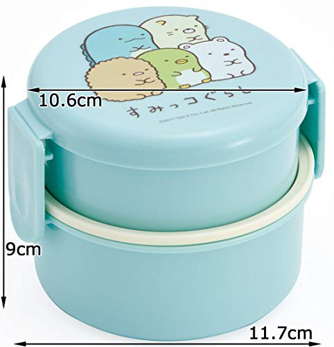 Skater Sumikkogurashi 2 Tier Round Bento Lunch Box with Folk (17oz) - Authentic Japanese Design - Microwave Safe - Blue