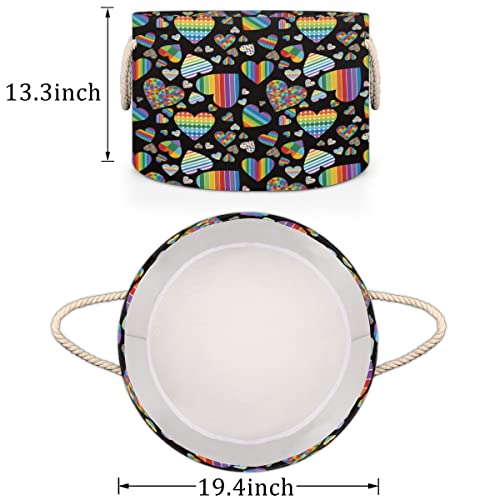 Rainbow Hearts Lgbt Pridge Large Round Baskets for Storage Laundry Baskets with Handles Blanket Storage Basket for Bathroom Shelves Bins for Organizing Nursery Hamper Girl Boy