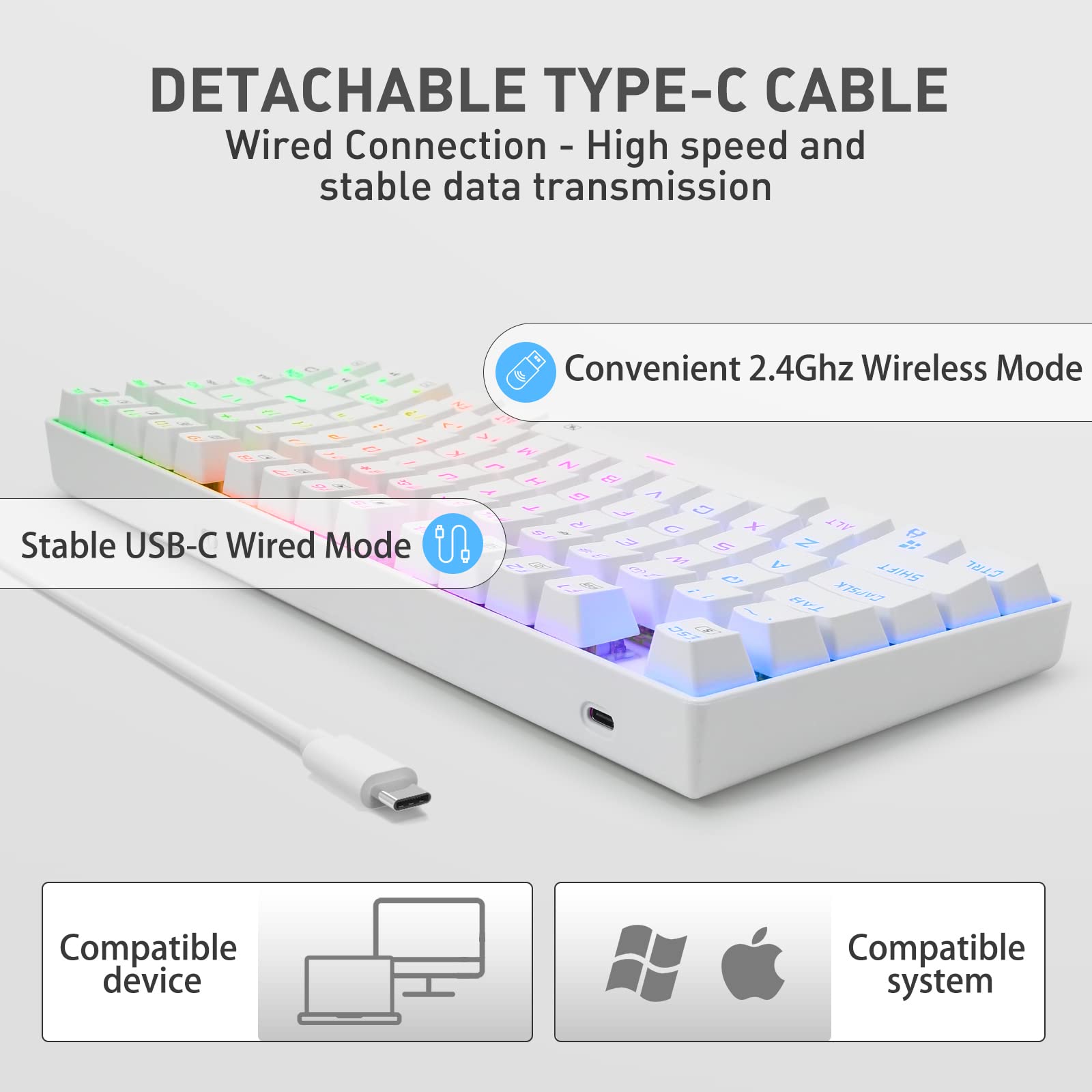 chuangquan Wireless Mechanical Gaming Keyboard, 2.4G/Wired 81 Keys Keyboard, Blue Switches Hotswap, RGB Backlit, High Battery Lasting, for PC Mac