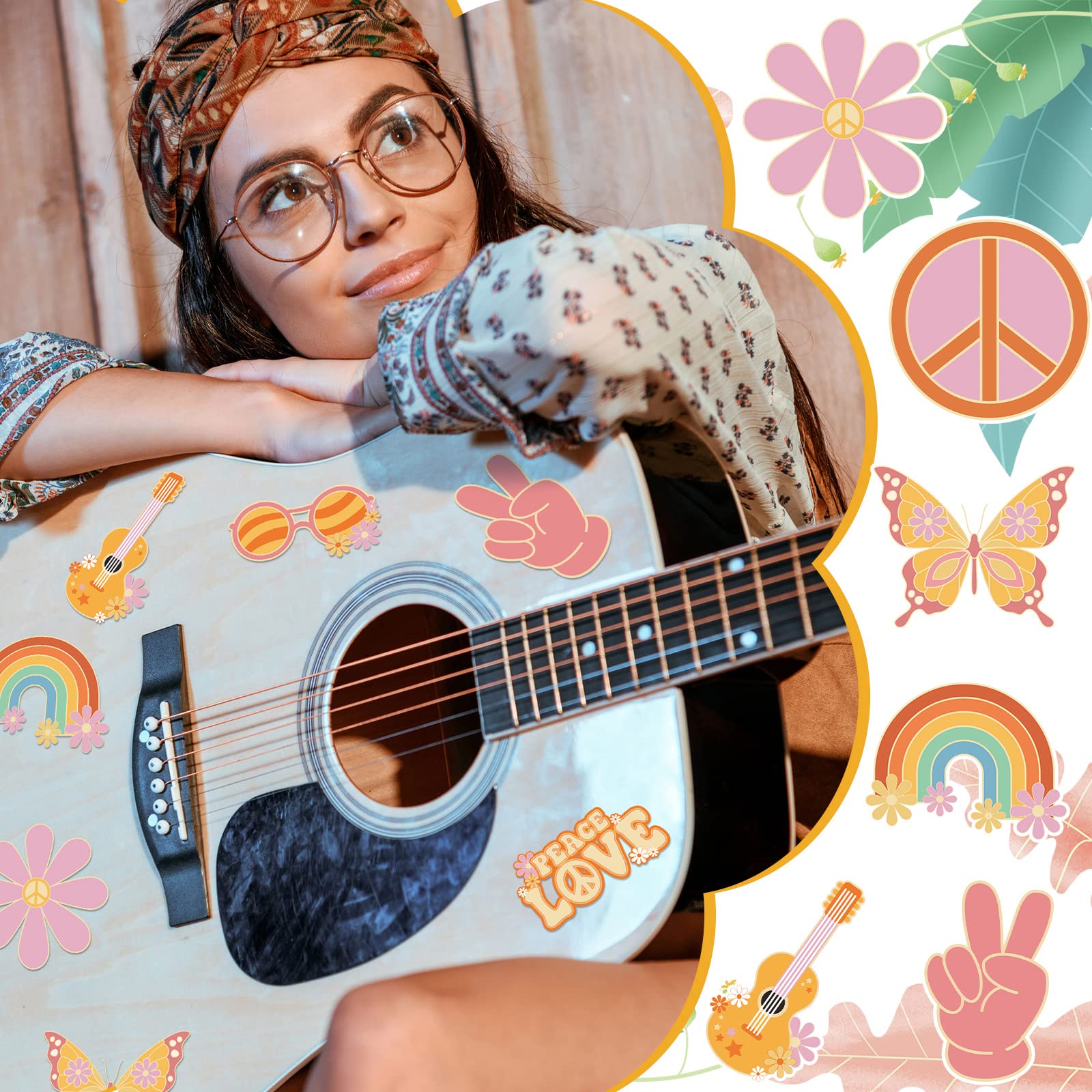 Colarr 60 Pieces Groovy Retro Hippie Boho Party Cutouts Decoration Retro Rainbow Butterfly Daisy Flower Cutouts Retro Bus Cutouts for Groovy Retro Hippie 60s 70s Party Decorations