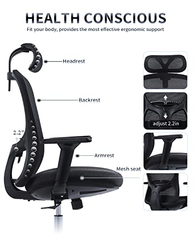 KARXAS Ergonomic Office Chair High Back Desk Chair with Adjustable Lumbar Support, Headrest & Armrest, Swivel Computer Task Chair (Black)