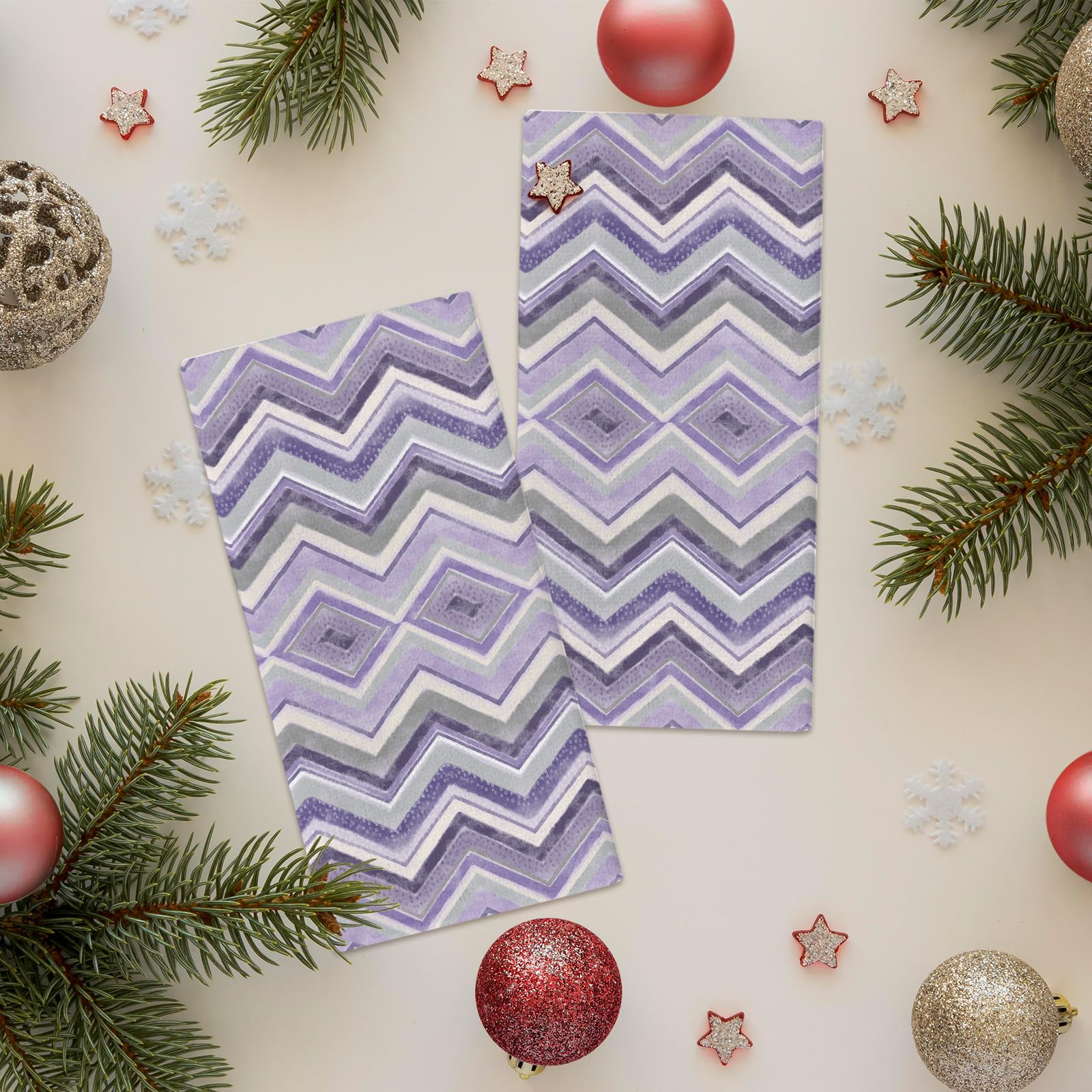 Beisseid Kitchen Dish Towels Purple Grey Chevron Dish Cloth Fingertip Hand Towels Geometric Design Stripe Super Absorbent Soft Cotton Tea Towel 2 PCS