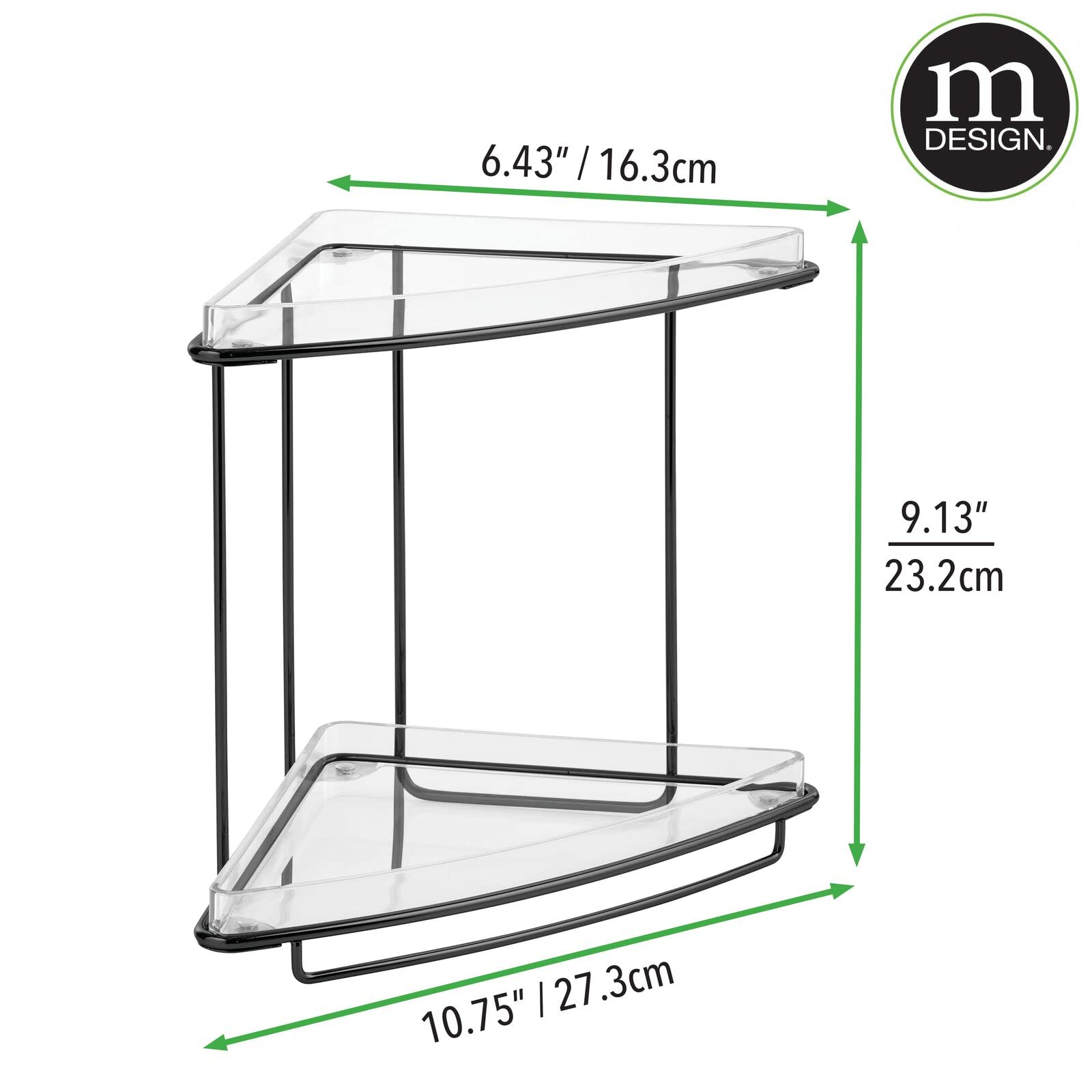 mDesign Steel/Plastic Freestanding Countertop Corner Shelf Organizer with 2-Tier Storage for Bathroom, Vanity, Cabinet, Counter - Holds Makeup, Bath Gel - Prism Collection - Clear/Matte Black