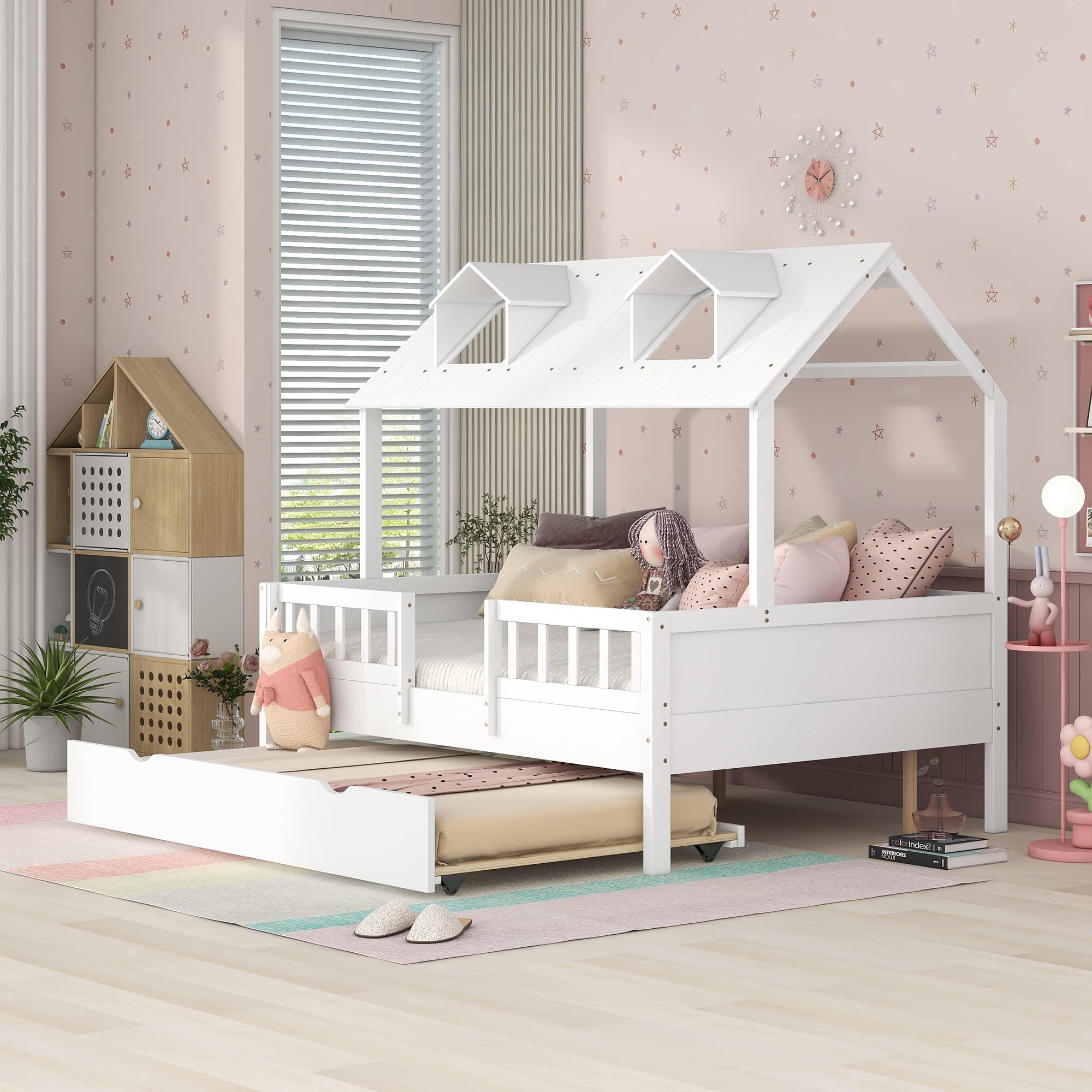 MERITLINE Full House Bed with Trundle, Wooden Platform Bed Frame with Roof, for Kids Teens Girls Boys - White