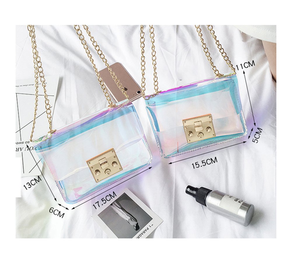 Holographic Clear Purse Crossover Shoulder Messenger Bag Laser Sling Purse with Golden Chain, Transparent