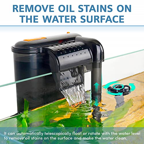 hygger Hang On Aquarium Filter, 100GPH Rotatable Surface Oil Skimmer, Quiet Power Fish Tank Filter with Adjustable Water Flow Retractable Water Inlet Tube for Freshwater Saltwater Tank Filter (S/M)