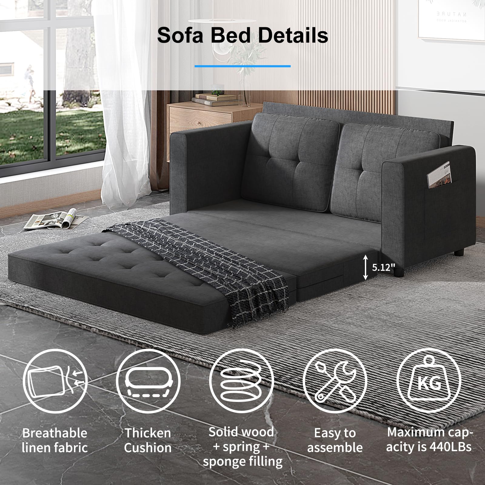 PUREMIND Floor Sleeper Sofa Bed, Upholstery 2-in-1 Pull Out Couch Bed, Loveseat Folding Futon Sofa Bed with Cushion, Convertible Floor Gaming Couch Bed for Living Room, Apartment, Office