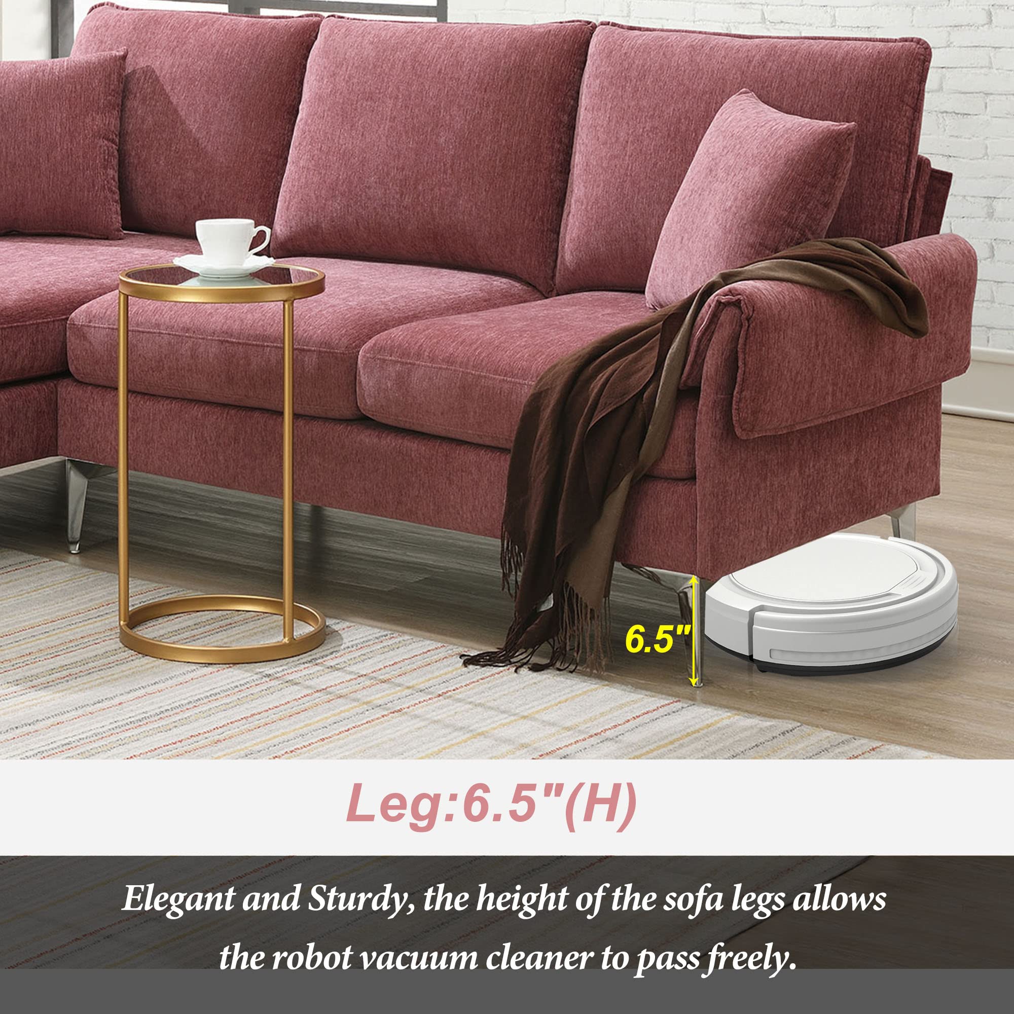 Voohek 84" Modern Convertible Sectional L-Shaped Sofa Couch with Reversible Chaise Lounge, 2 Pillows, Living Room, Small Apartment, Pink