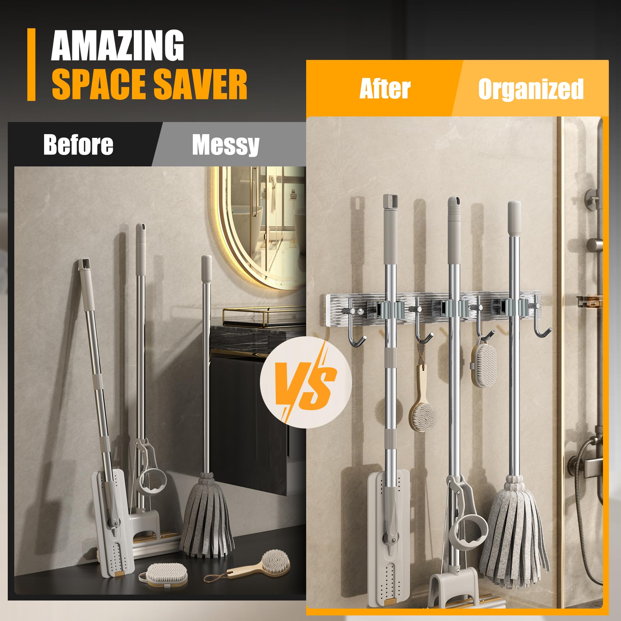 Crosize Transparent Acrylic Broom Holder Mop Hanger Wall Mount, Tools Organizer, 3 Racks and 4 Hooks, Metal Gold