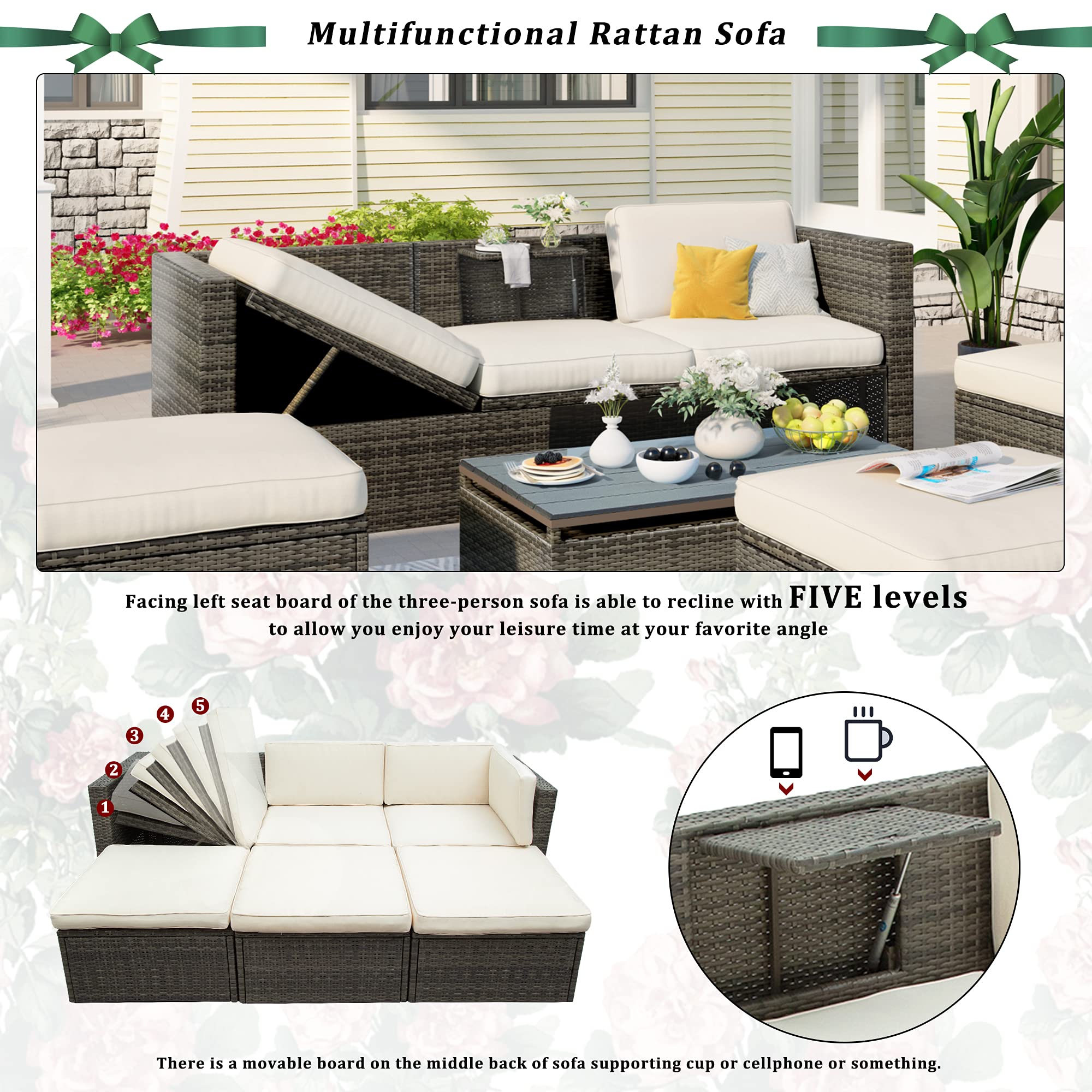 LUMISOL 5 Piece Patio Furniture Set, Outdoor Wicker Sofa Set with Adjustable Backrest, Cushions, Ottomans and Lift Top Coffee Table for Garden, Poolside, Backyard, Balcony, Beige