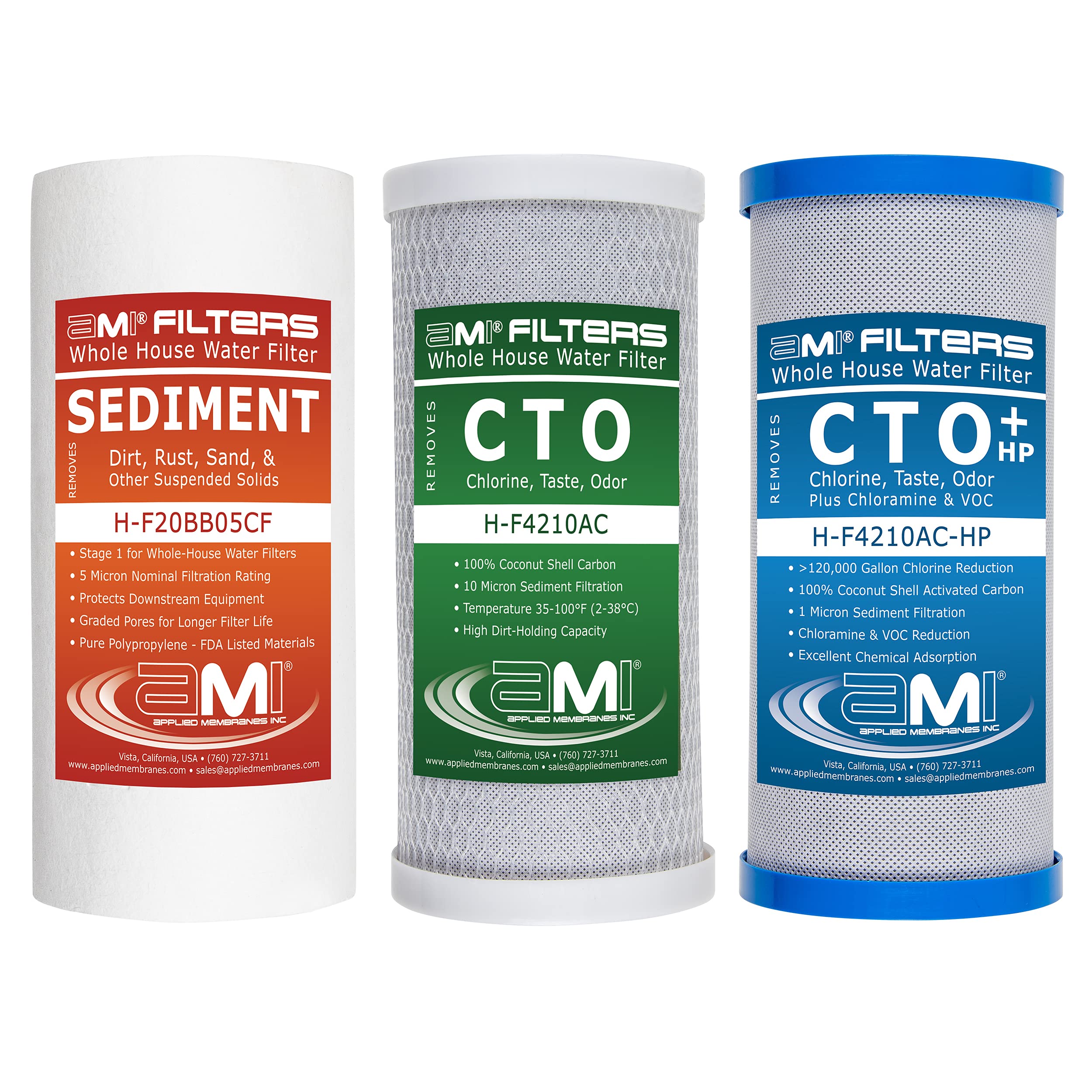 Applied Membranes Inc. 3-Stage Whole-House Water Filter Cartridge Replacements, Includes 10-Inch Sediment, Carbon, and Lead Filter Cartridges