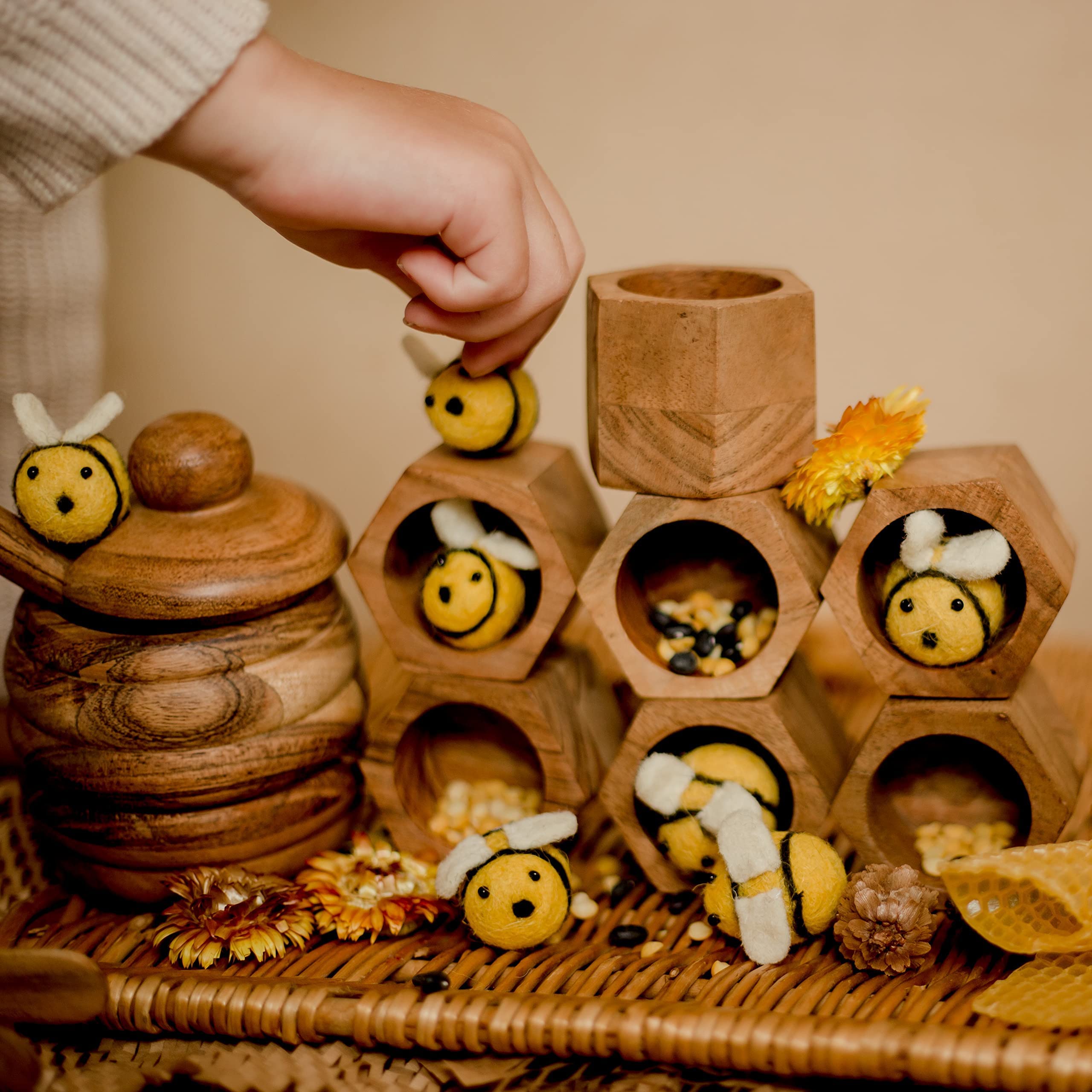 KOOKAROO Wooden Bee Hive Sorting & Stacking Toys for Toddlers -Learning Montessori Toys for 3 Year Old - Fine Motor Skill Tactile Toys - Sensory Bin Toys