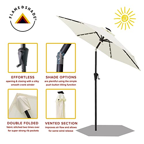 FLAME&SHADE 7.5 ft Solar Powered Outdoor Market Patio Table Umbrella with LED Lights and Tilt, Ivory