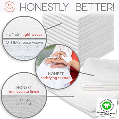 HONEST WEAVE GOTS Certified 100% Organic Flour Sack Cotton Kitchen Hand and Dish Towel Sets - Extra Large 27x27 inches, Fully Hemmed, 12-Pack, White
