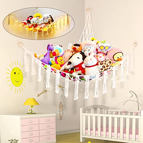 Weraher Toy Hammock Stuffed Animals Storage, Hanging Corner Mesh for Toy, Macrame Boho Teddy Bear Storage with LED Light for Boys Girls for Bedroom Nursery Playroom (White)