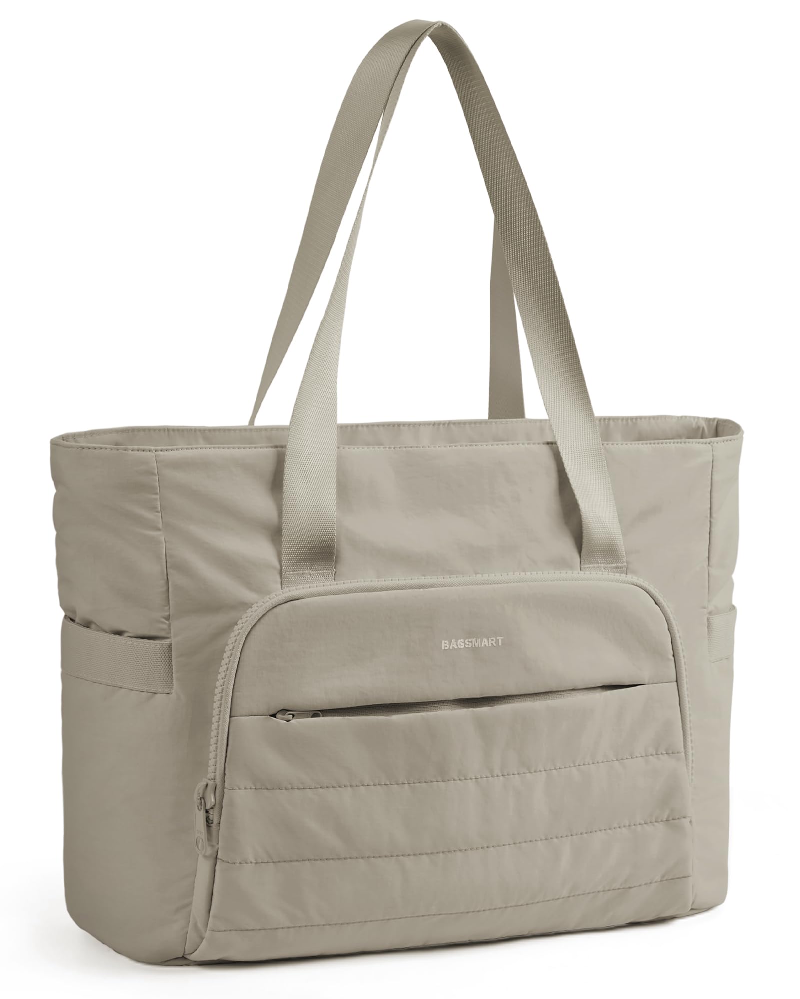 BAGSMART Tote Bag for Women, Lightweight Large Tote Bag with Compartments and Yoga Mat Strap, Quilted Shoulder Bag Handbag for Travel, Work, Gym, Camel