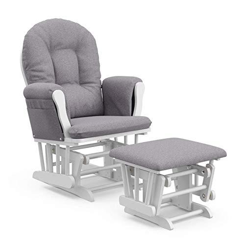 Pemberly Row Custom White Slate Hoop Glider and Ottoman Set in Gray Swirl - Smooth Gliding Chair for Nursery, Padded Arm Cushions with Storage Pocket
