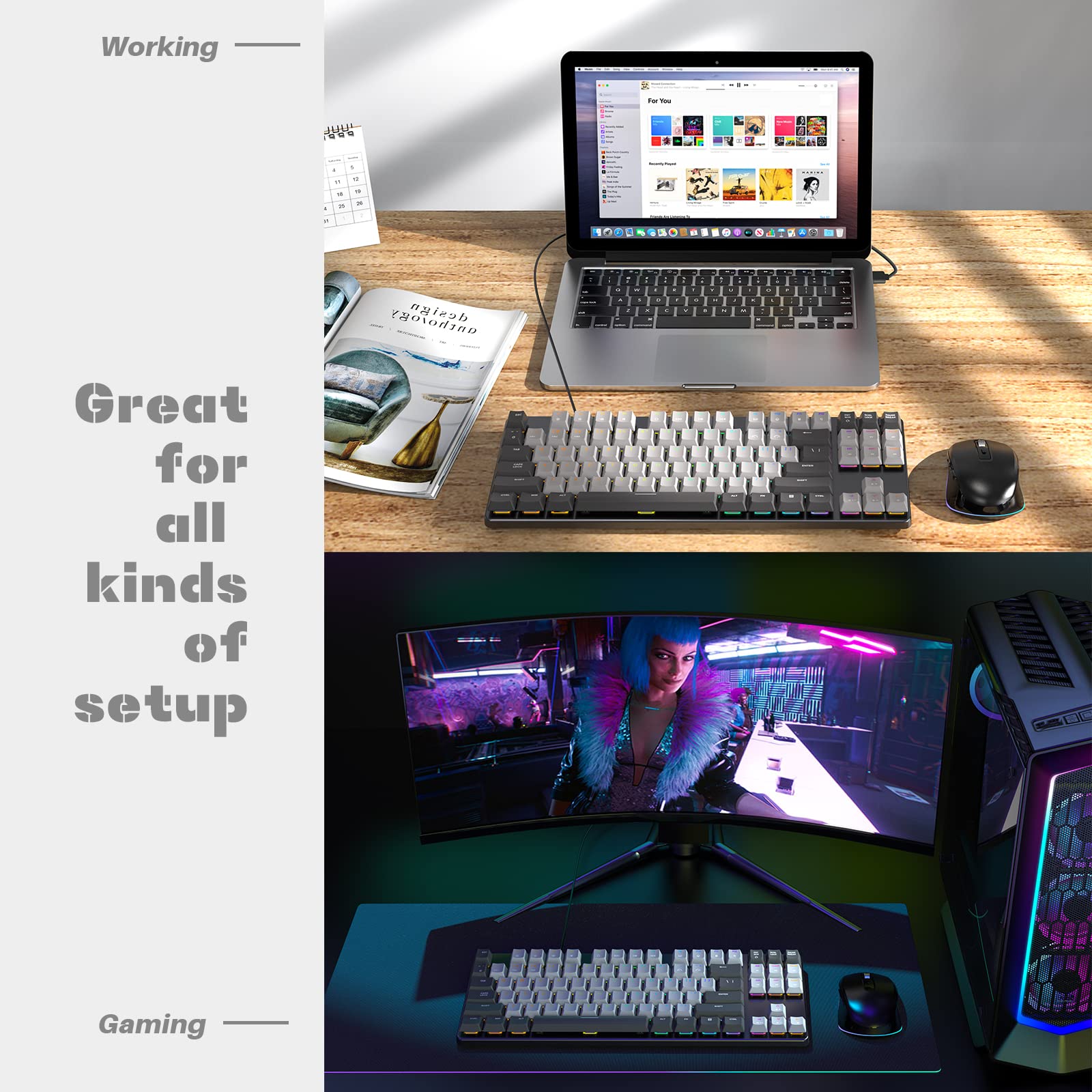 CIDOO 87 Keys RGB Mechanical Keyboard, Low Profile Gaming Keyboard with Aluminum housing, TKL Hot-Swappable Ultra-Slim 80 Percent Keyboard for Gaming and Work, Compatible with Windows System