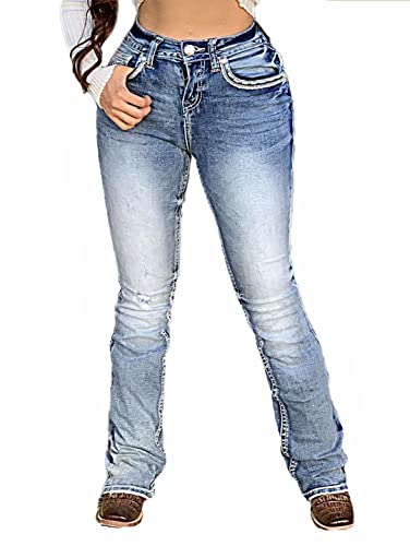 Flamingals Butt Lifting Jeans for Women Trendy Tummy Control Jeans Stretch Mid Waist Boot Cut Jeans Raw Hem Denim Pants A-Mid Blue-Raw Hem L